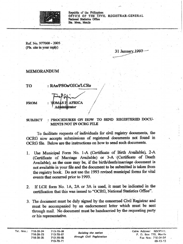 Memorandum - Procedures On How To Send Registered Documents Not in Ocrg ...