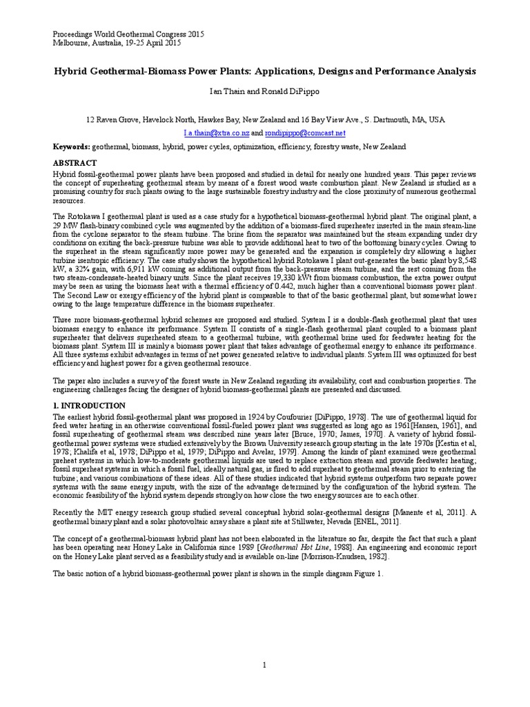 Thain DiPippo WGC2015 Geothermal Biomass Hybrid Power Plant | PDF | Exergy | Geothermal Energy