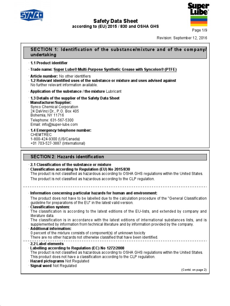 MSDS Super Lube Multi-Purpose Grease W PTFE EN Sds | PDF | Dangerous ...