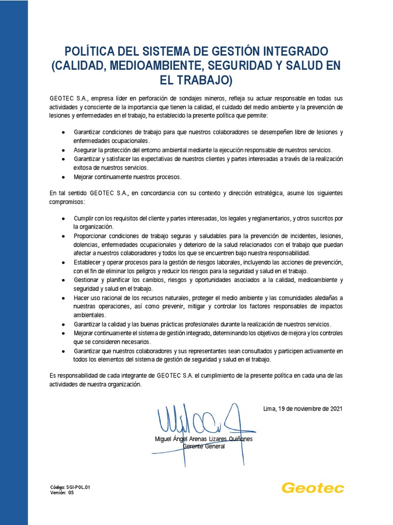 Política Del Sistema de Gestión Integrado | PDF | Calidad (comercial ... Política Del Sistema de Gestión Integrado | PDF | Calidad (comercial ...