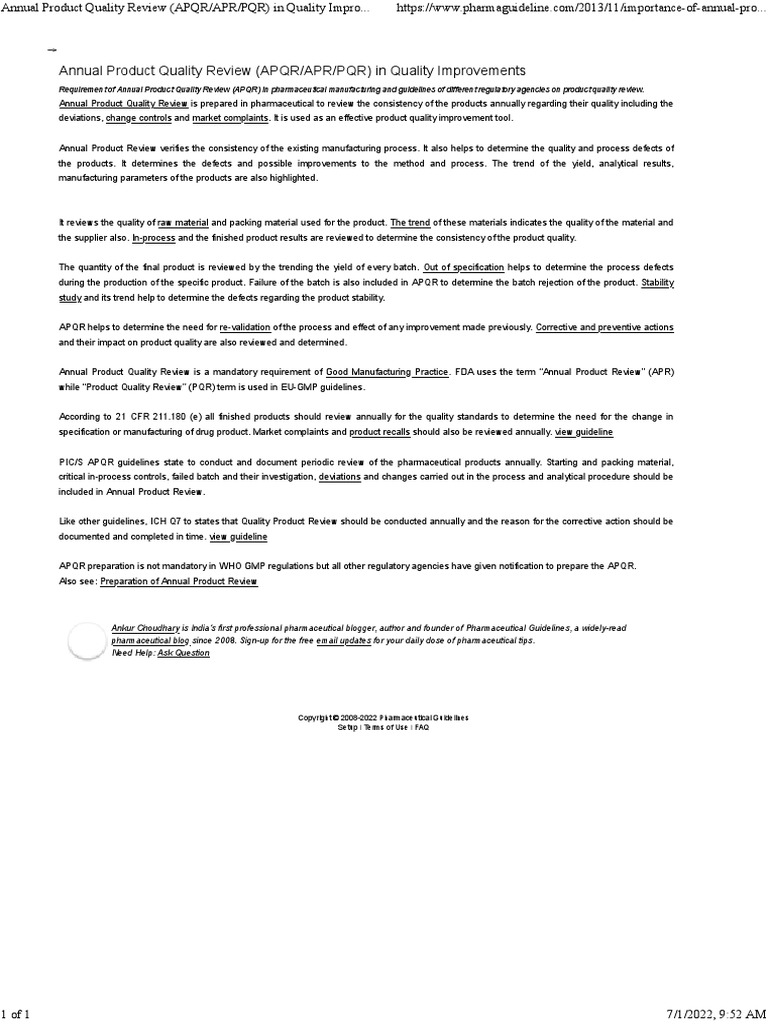 Annual Product Quality Review (APQR - APR - PQR) in Quality ...