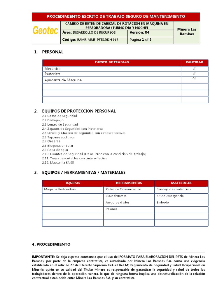 Bamb-Mme-Pets - DDH 012 Cambio de Reten de Cabezal - V. 04-1 | PDF | Minería | Seguridad y salud ...