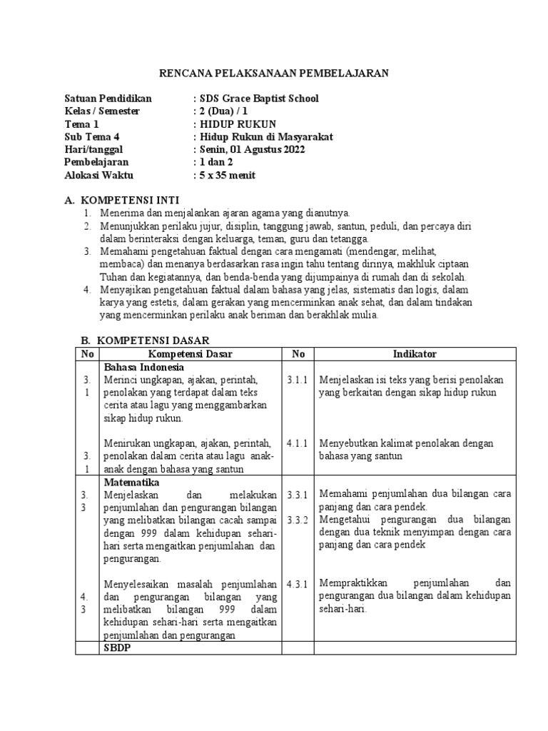 RPP KLS 2 Tema 1 Subtema 4 Pembelajaran 1-6 | PDF