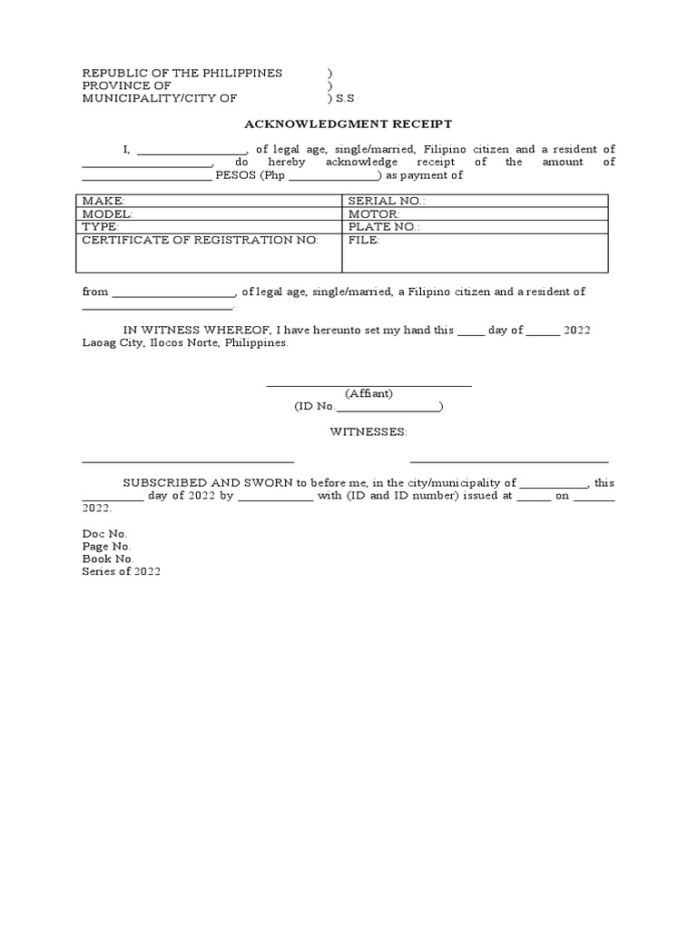 Acknowledgement Receipt - Motor Vehicle | PDF