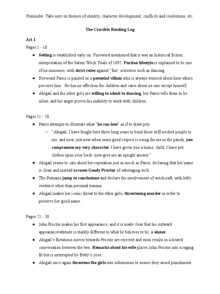 The Crucible Reading Log | PDF | Witchcraft | Early Modern Witch Hunts
