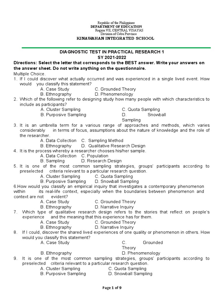 Diagnostic Test Practical Research 1 | PDF | Sampling (Statistics ...