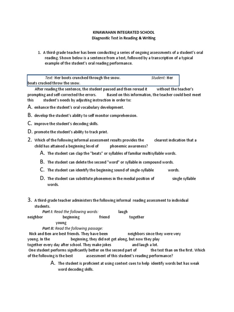Diagnostic Test Reading and Writing | PDF | Reading Comprehension ...