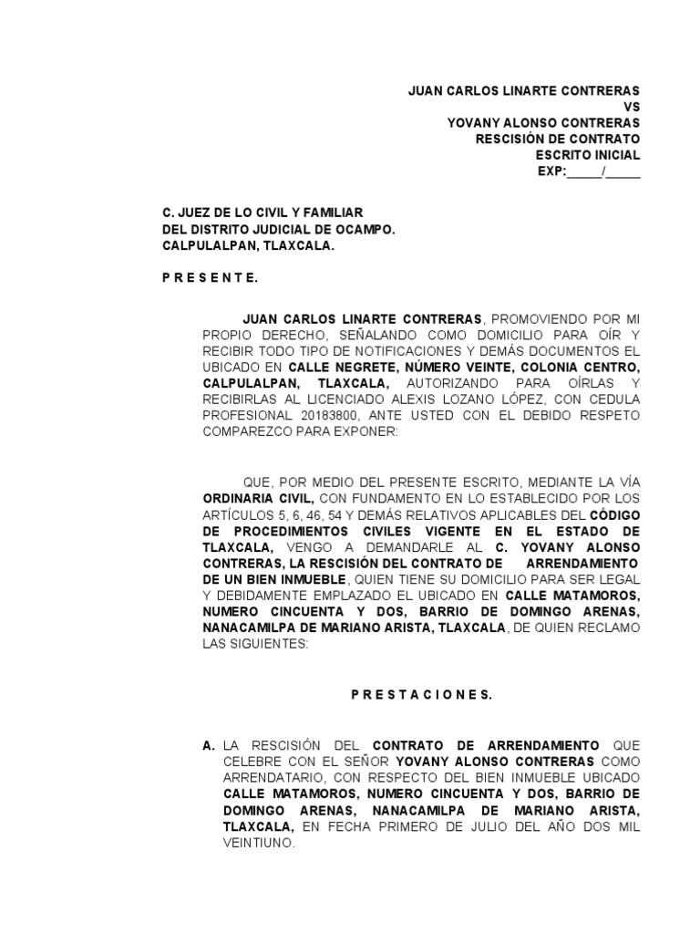 Escrito Inicial Rescision de Contrato | PDF | Demanda judicial | Justicia