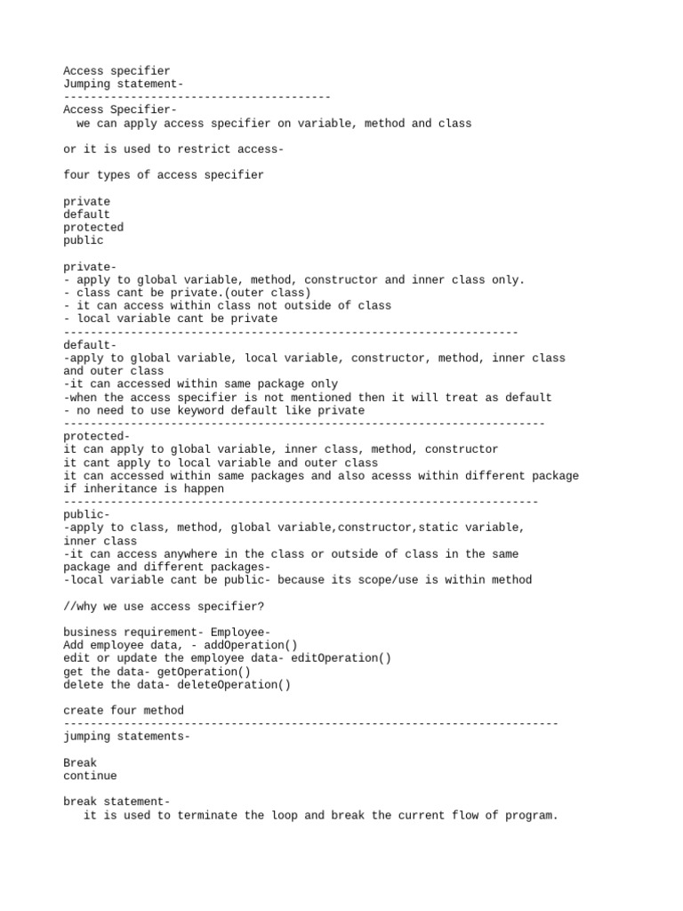 Java Evening Batch - Access Specifier and Jumping Statement | PDF