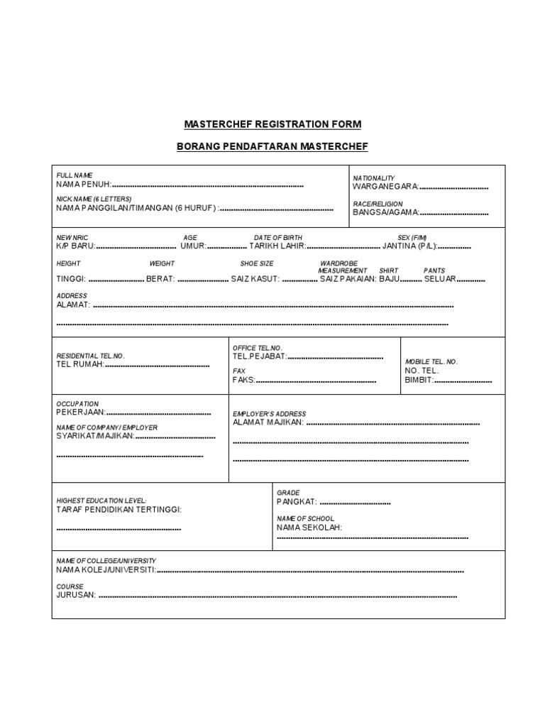 Masterchef Registration Form Borang Pendaftaran Masterchef | PDF