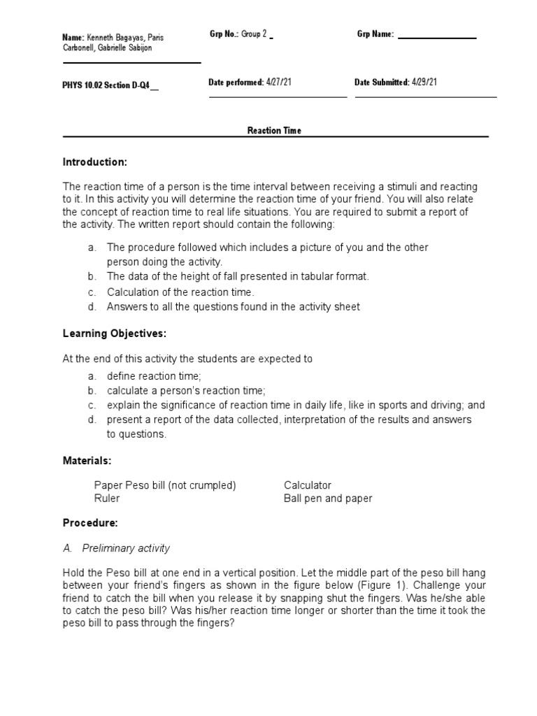 Phys10.02 Expt1 - Reaction Time 1 | PDF | Mental Chronometry | Force