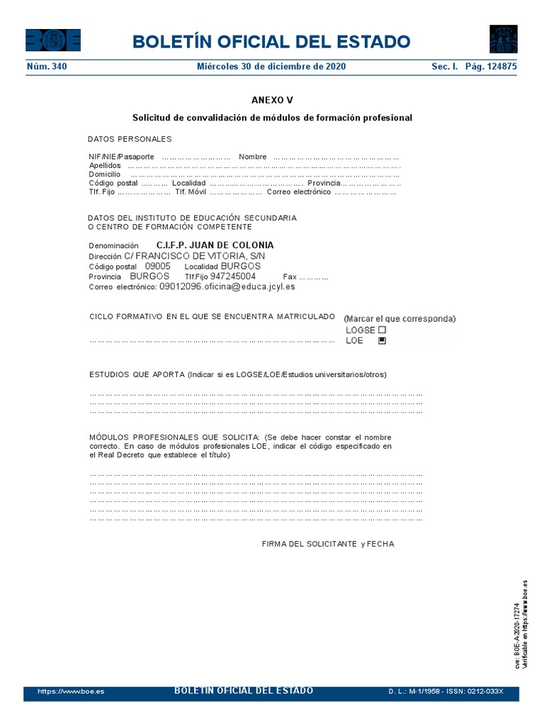 Modelo Convalidaciones Anexo-V | PDF