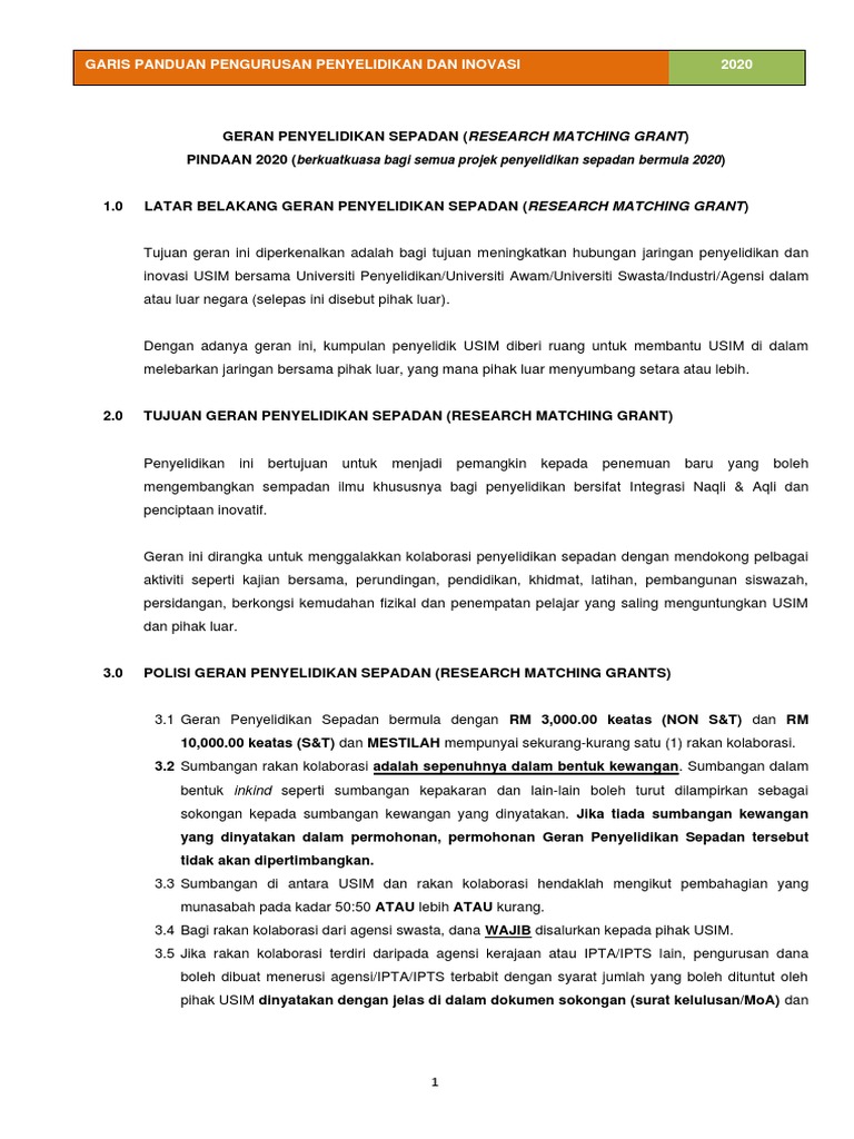 Garis Panduan Geran Penyelidikan Sepadan Usim (Pindaan 2020) | PDF