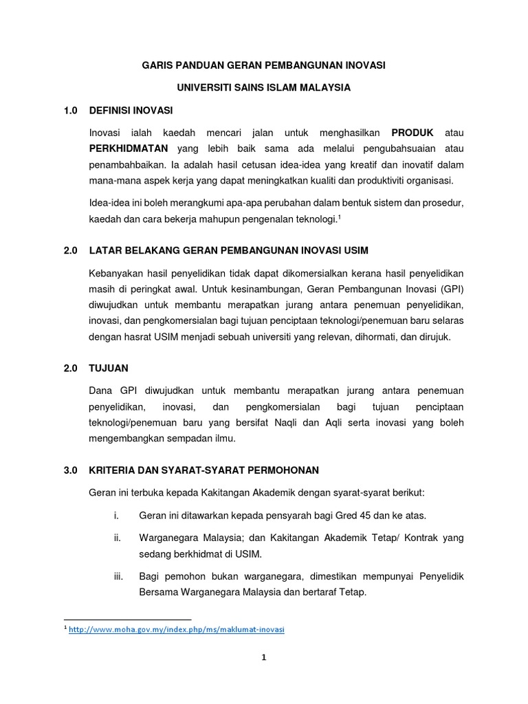 Garis Panduan Geran Pembangunan Inovasi | PDF