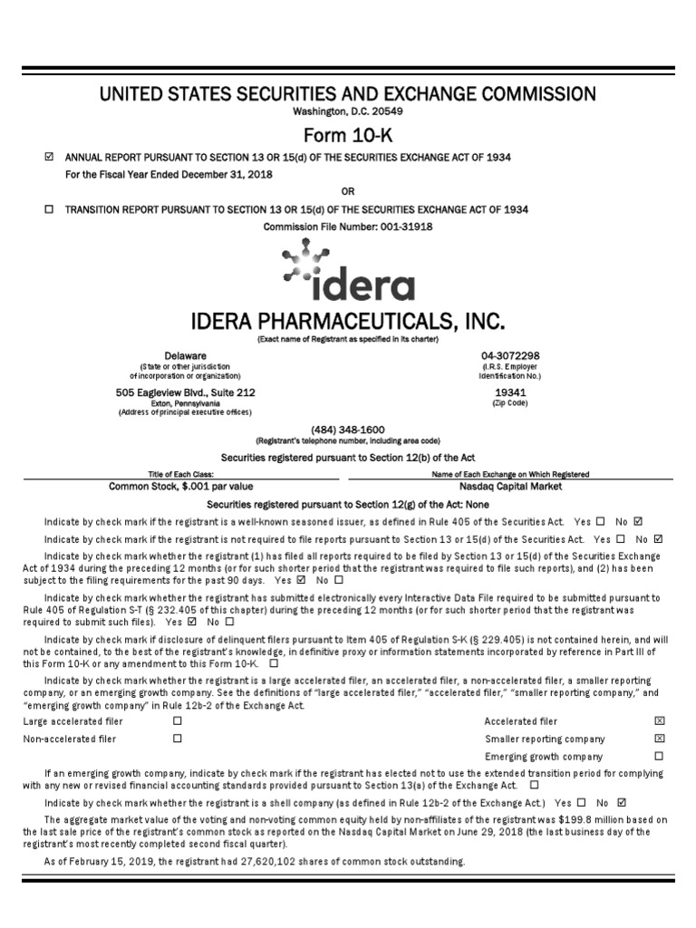 Idera Pharmaceuticals, Inc.: United States Securities and Exchange ...