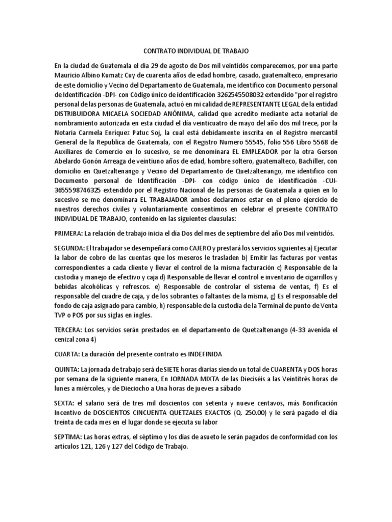 Contrato Individual de Trabajo | PDF | Guatemala