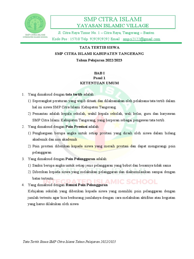 Tata Tertib Siswa Smaci 2022-2023 | PDF