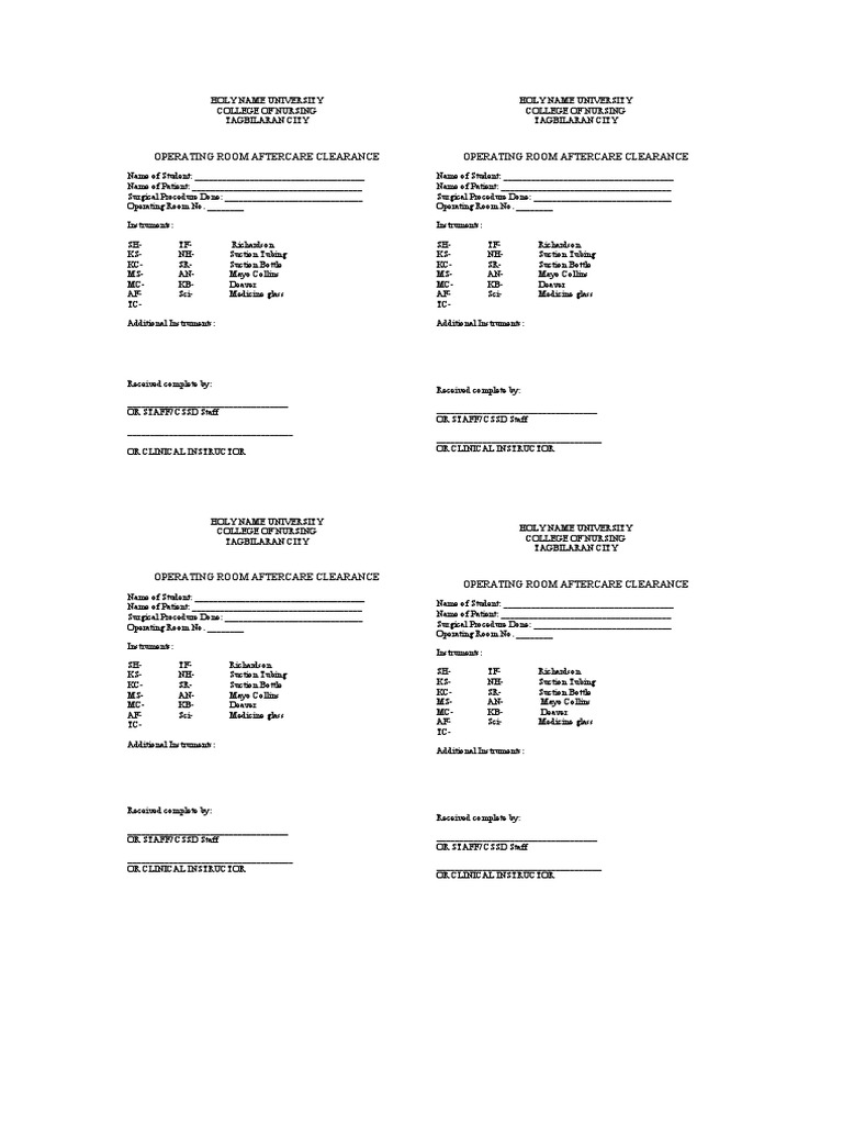 Operating Room Aftercare Clearance Form | PDF | Operating Theater ...