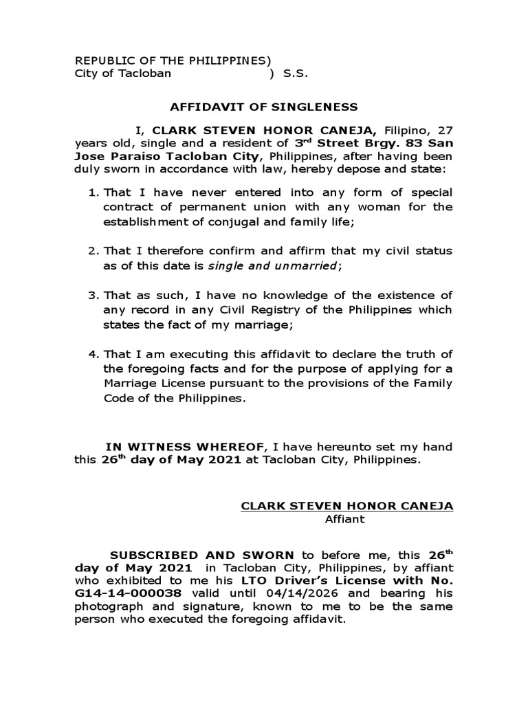 Affidavit-of-Singleness Caneja | PDF