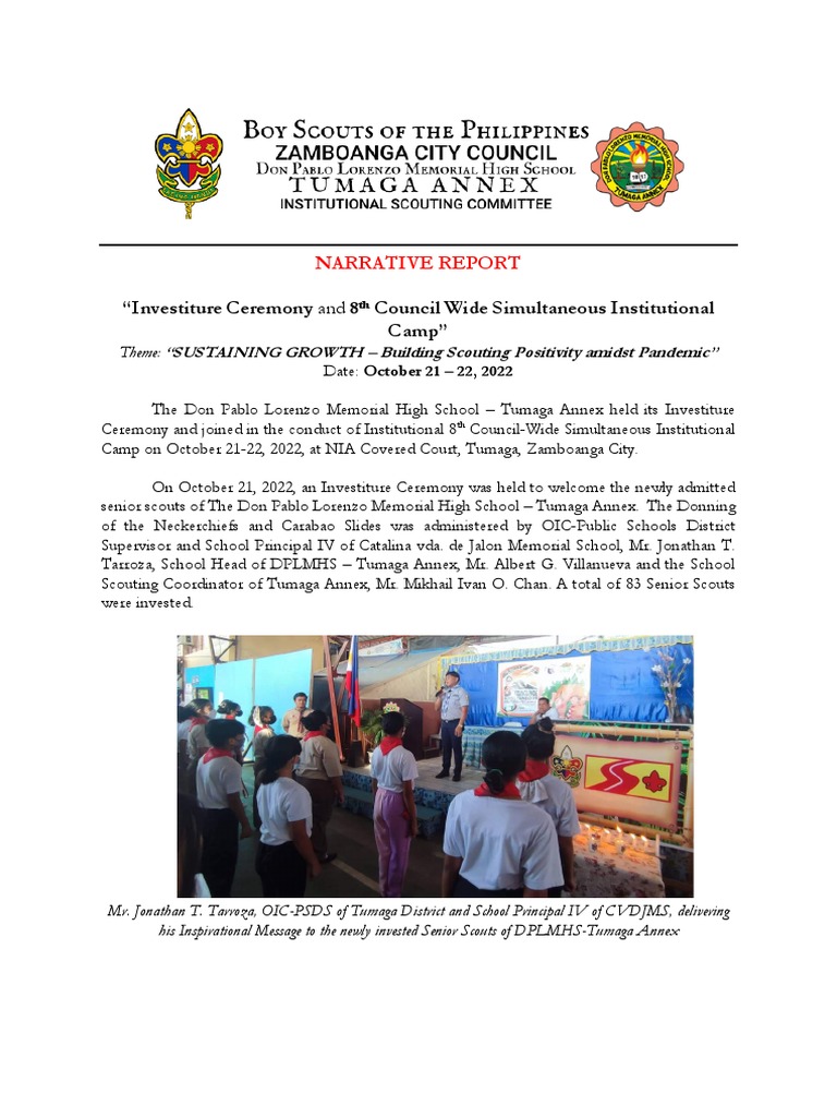 Investiture Ceremony & Scout Camp Report | PDF | Outdoor Recreation ...