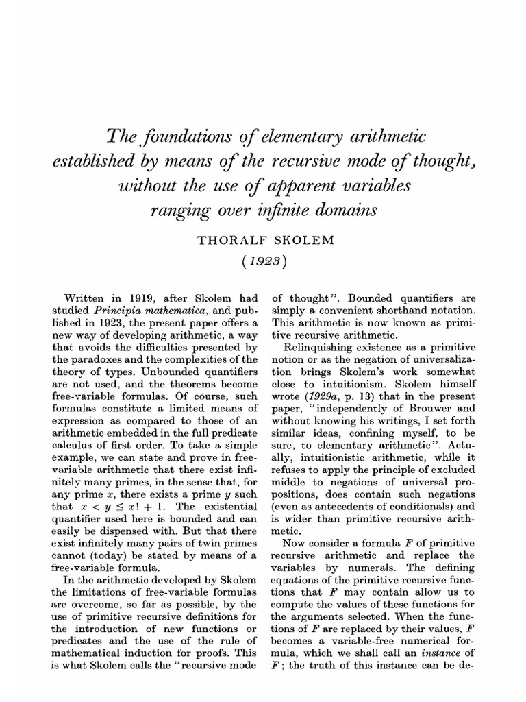 Skolem The Foundations Of Elementary Arithmetic Pdf