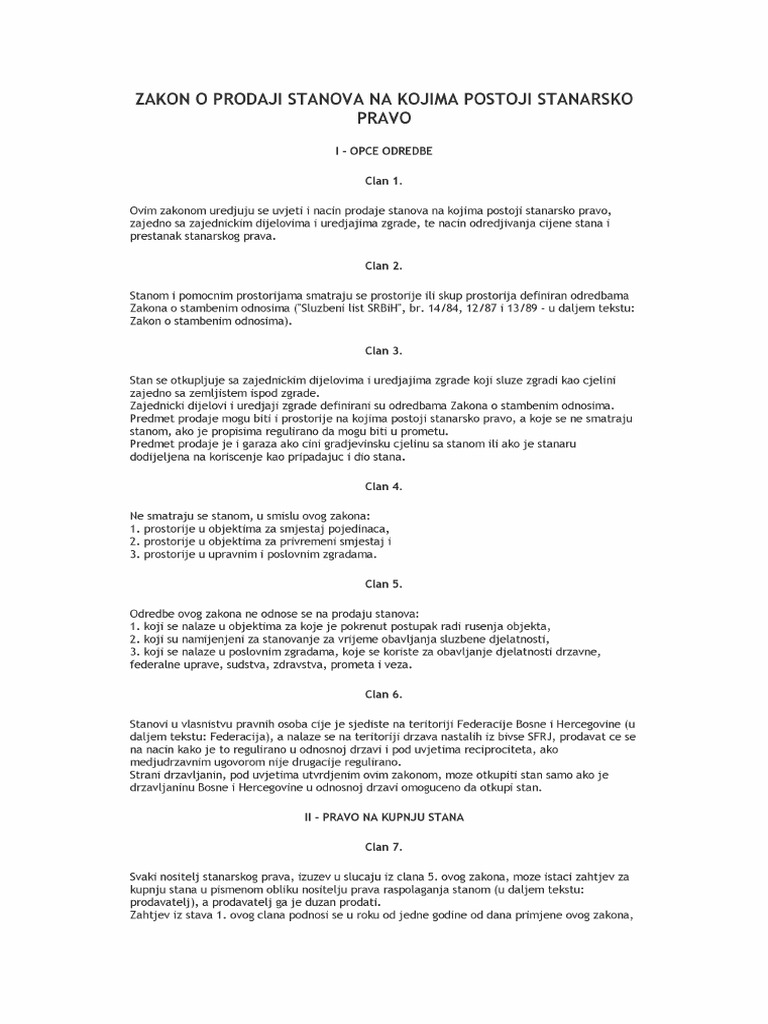 Zakon o Prodaji Stanova Na Kojima Postoji Standardno Pravo | PDF