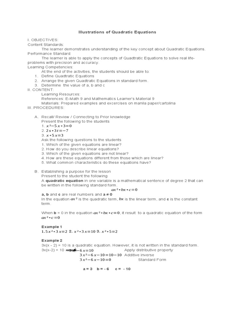 Illustrations of Quadtratic Equations | PDF | Equations | Quadratic ...