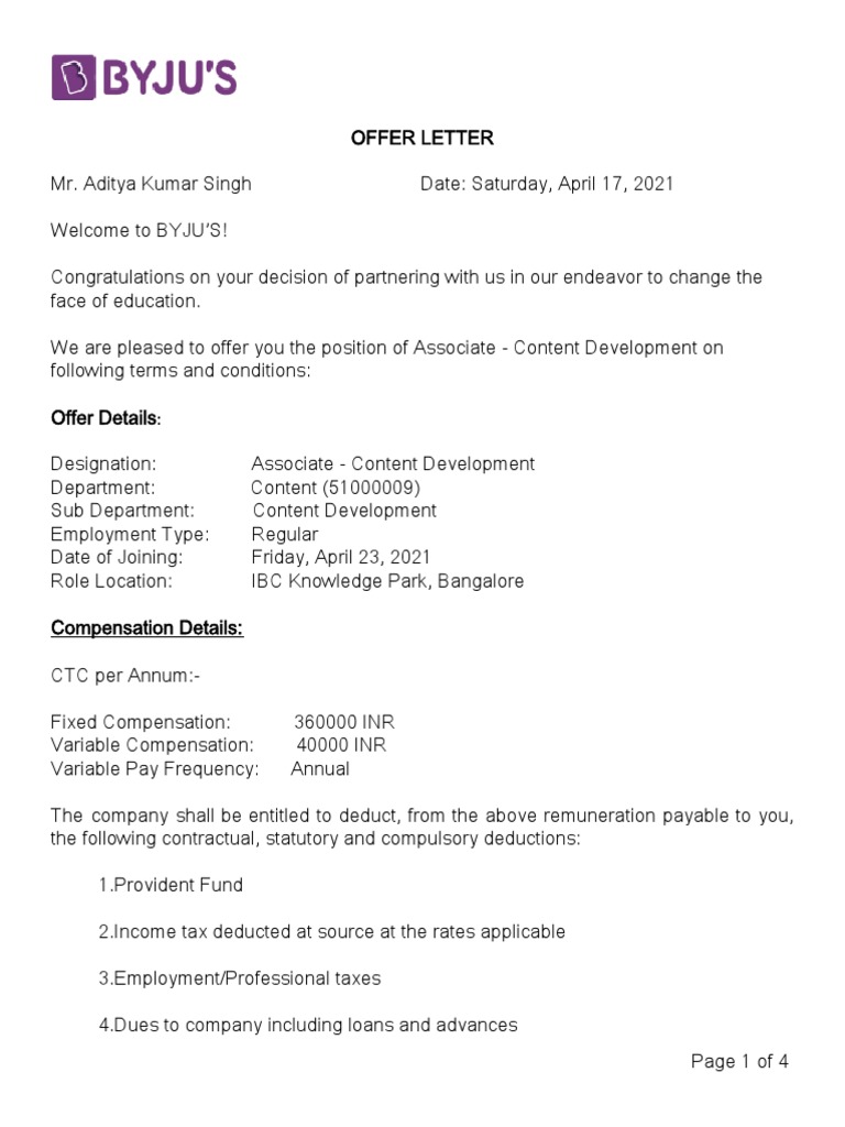 OfferLetter Byjus (1) - Aditya Singh | PDF | Confidentiality ...