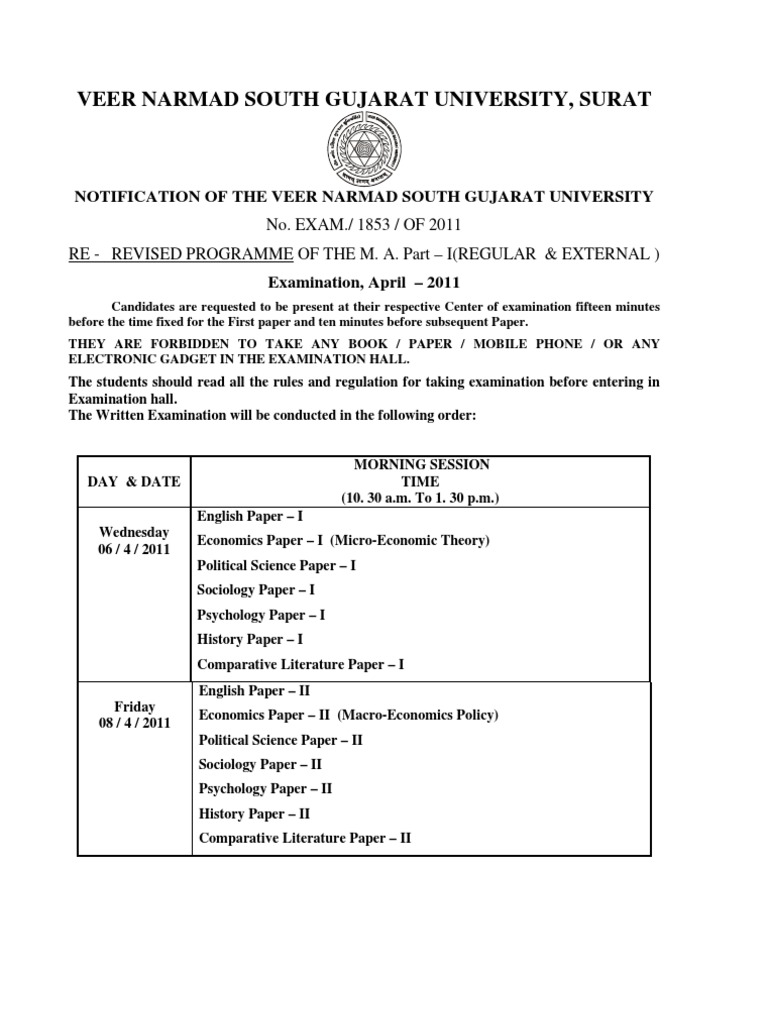 Notification of The Veer Narmad South Gujarat University | PDF ...