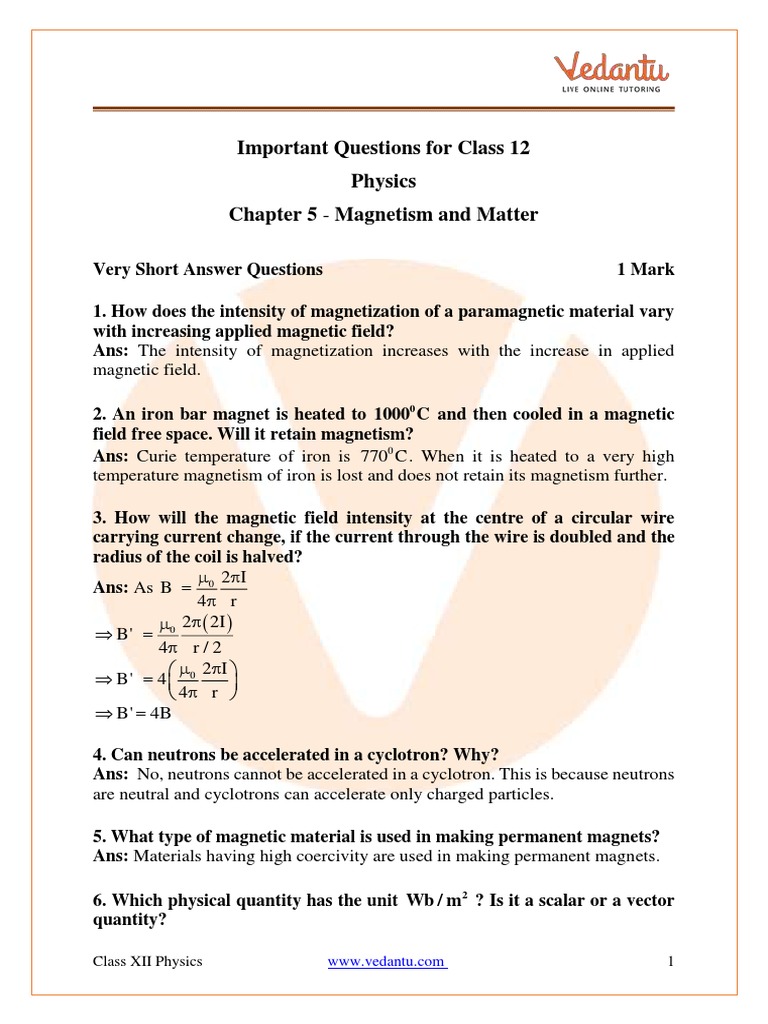 Important Questions For CBSE Class 12 Physics Chapter 5 | PDF | Magnetic Field | Ferromagnetism