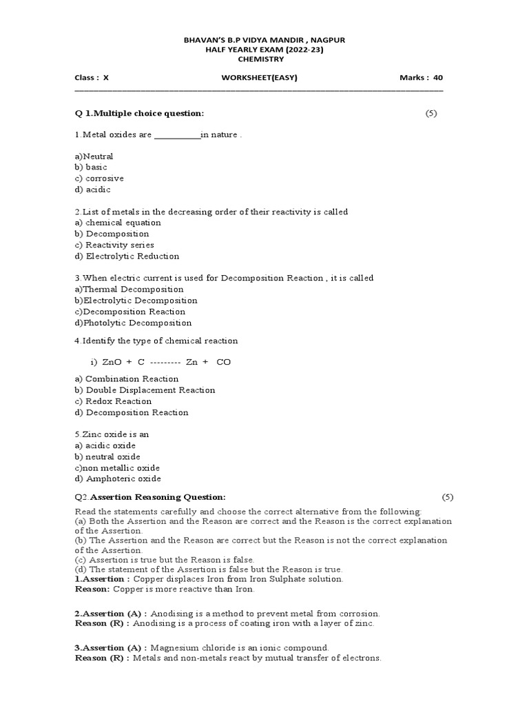 X (Chem) Worksheet Half Yearly (Easy) | PDF | Oxide | Chemical Reactions