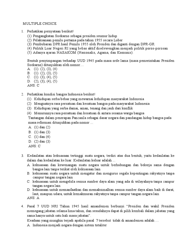 Multiple Choice Us 9 PKN | PDF | Politik | Ilmu Sosial