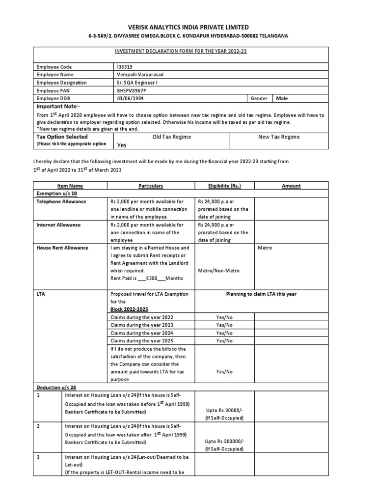 Investment Declaration Form - FY 2022-23 | PDF | Taxes | Loans