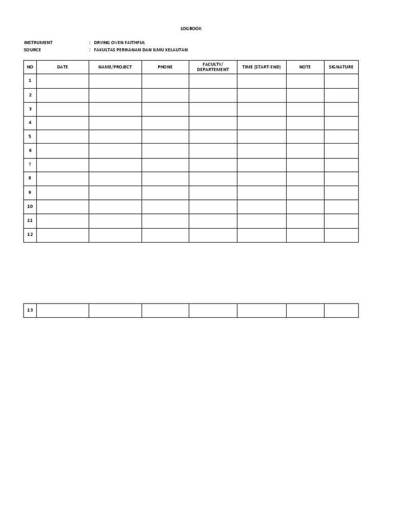 Logbook Drying Oven Faithful | PDF