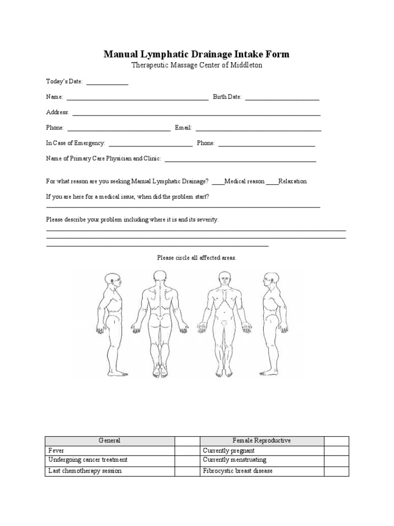 Manual Lymphatic Drainage Intake Form | PDF | Edema | Massage