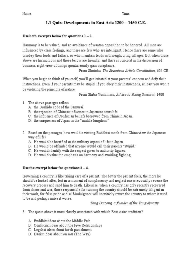 1.1 East Asia Quiz SBMC | PDF | China | World Politics