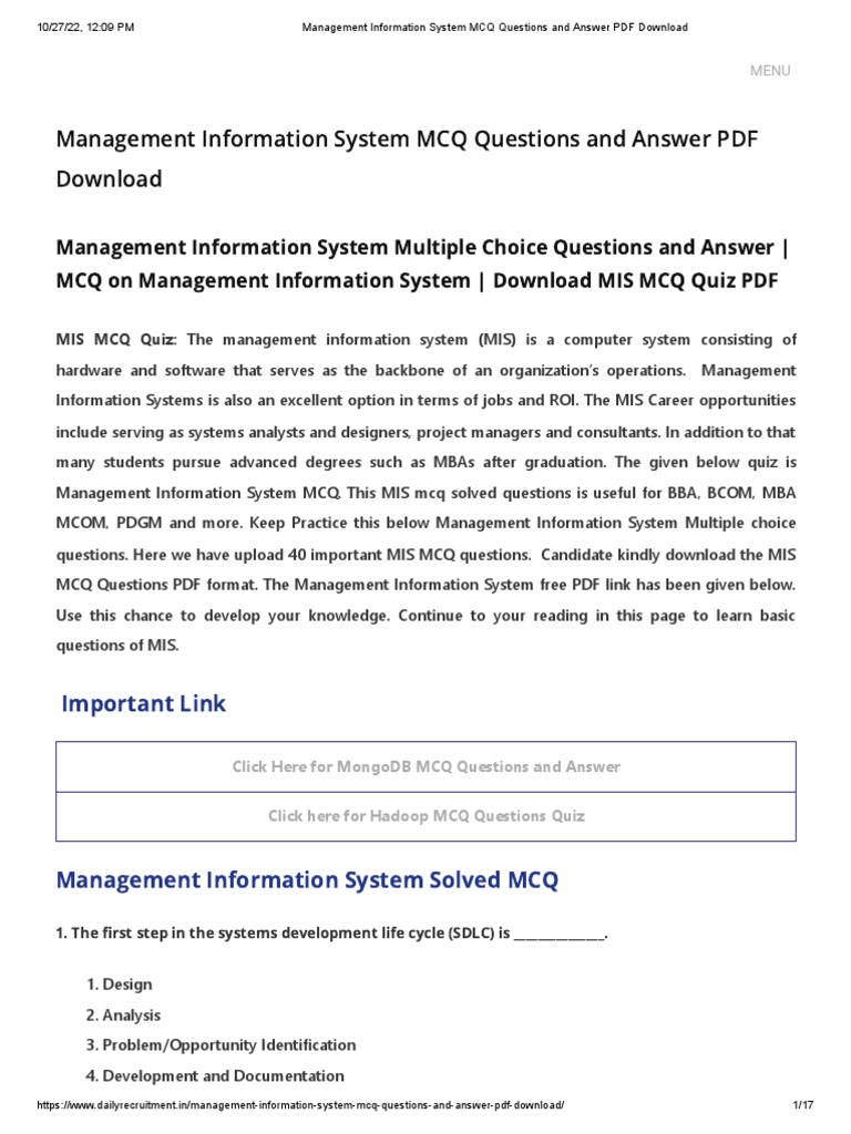 Management Information System MCQ Questions and Answer PDF Download ...