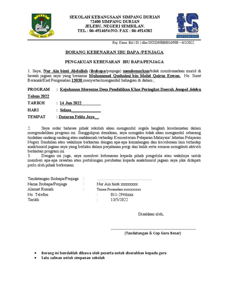 SURAT KEBENARAN MENYERTAI PERTANDINGAN SKSD 2022 | PDF