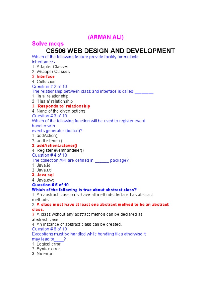 cs506 Mcqs | PDF | Class (Computer Programming) | Sql