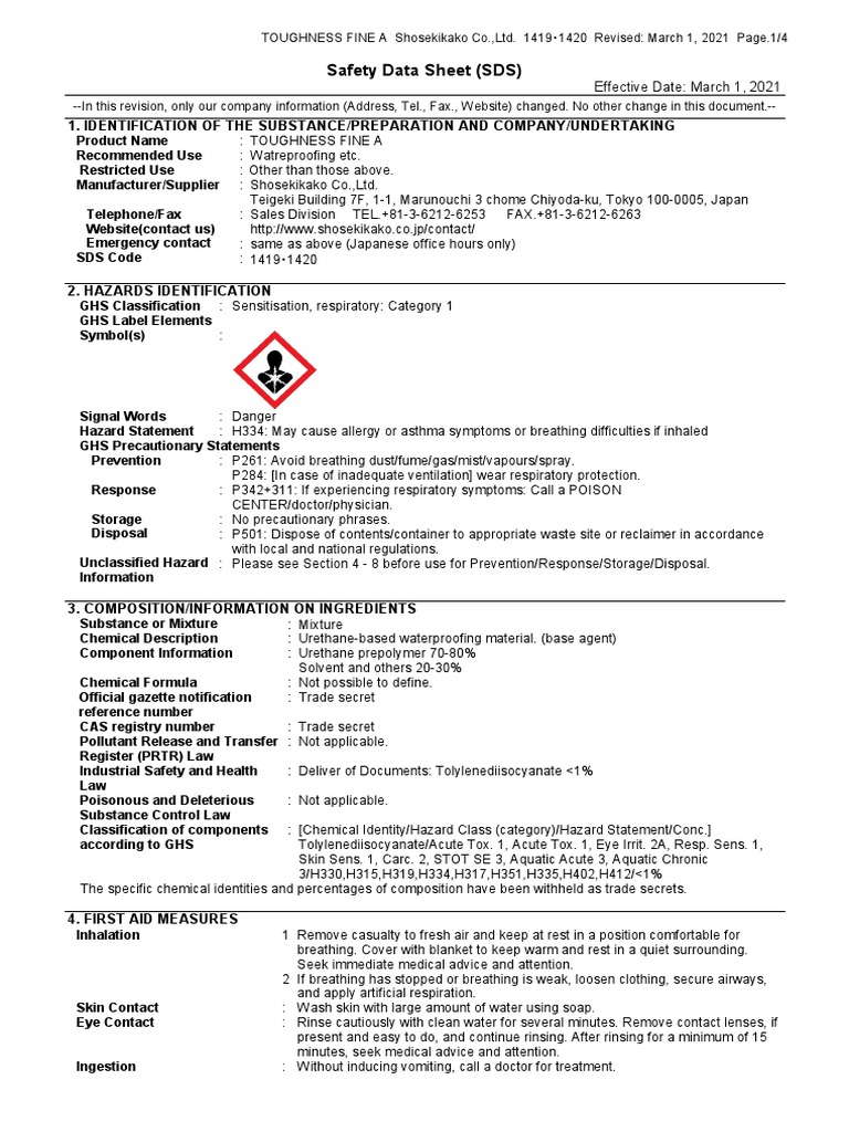 6.2. MSDS Toughness Fine A | PDF | Dangerous Goods | Chemical Reactions