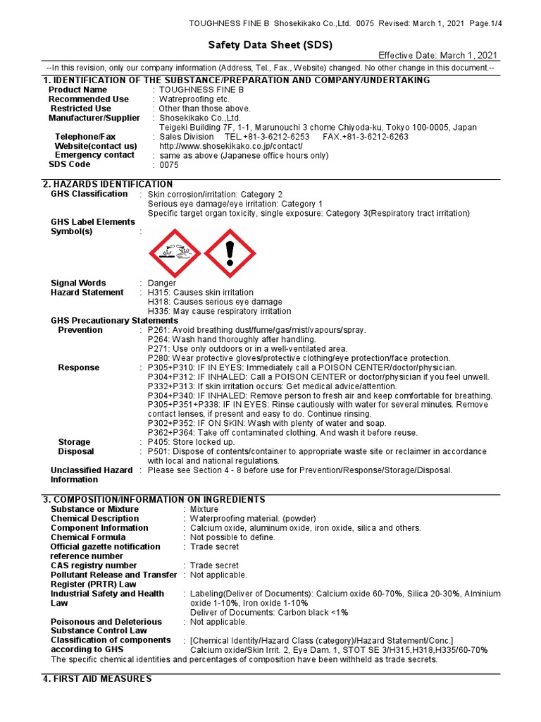 Safety Data Sheet (SDS) : TOUGHNESS FINE B Shosekikako Co.,Ltd. 0075 ...