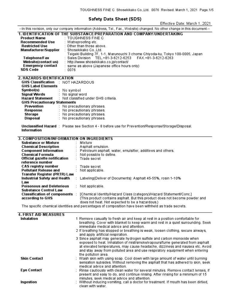 Safety Data Sheet (SDS) : TOUGHNESS FINE C Shosekikako Co.,Ltd. 0076 ...