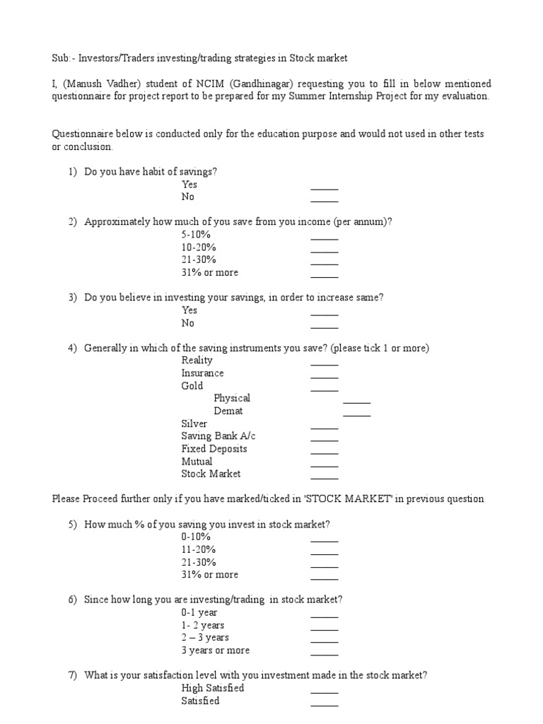 Stock Market Investment Questionnaire | PDF | Stock Market | Investing