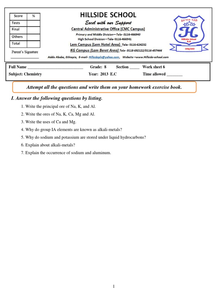 Grade 8 Chemistry Worksheet Questions | PDF