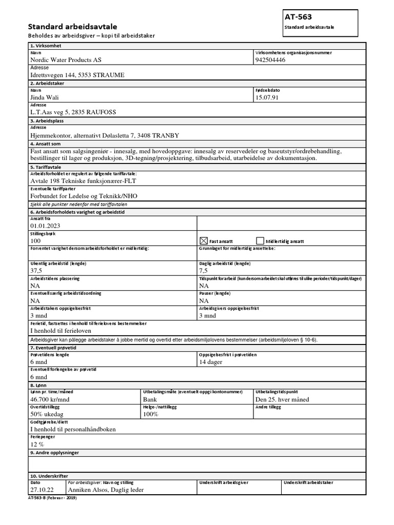 At-563B Arbeidsavtale Fra 010123 | PDF