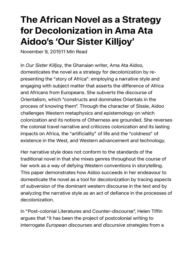 The African Novel As A Strategy For Decolonization in Ama Ata Aidoo's ...