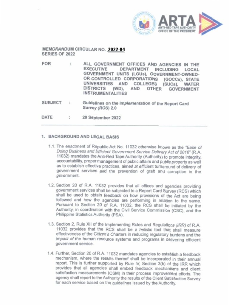 ARTA MC 2022 04 Guidelines On The Implementation of The Report Card Survey RCS 2.0 | PDF