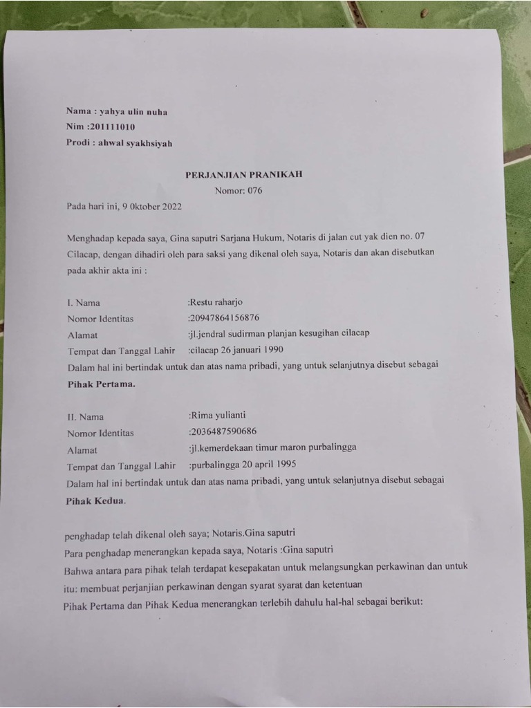 TUGAS PERJANJIAN PRA NIKAH Yahya Ulin Nuha | PDF