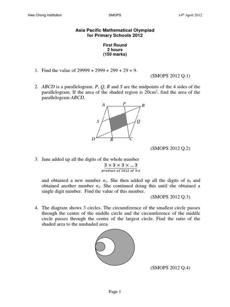 APMOPS (SMOPS) 2012 First Round With Answers | PDF | Area | Length
