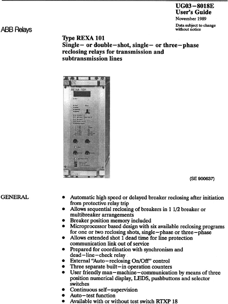 UG03-8018E en REXA 101 Single - or Double-Shot Single - or Three-Phase Reclosing Relays For ...